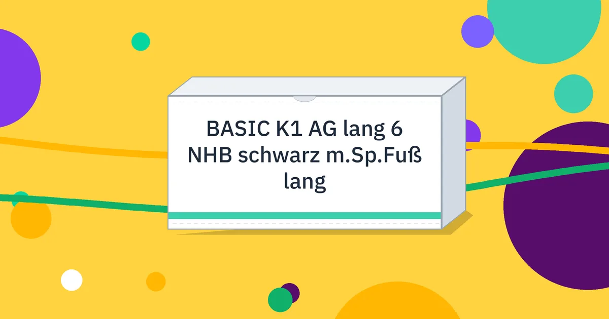 Symbolbild: Packung mit der Aufschrift BASIC K1 AG lang 6 NHB schwarz m.Sp.Fuß lang (PZN 20261642) – Verfügbarkeit und Bezug in Apotheken in Frankfurt am Main