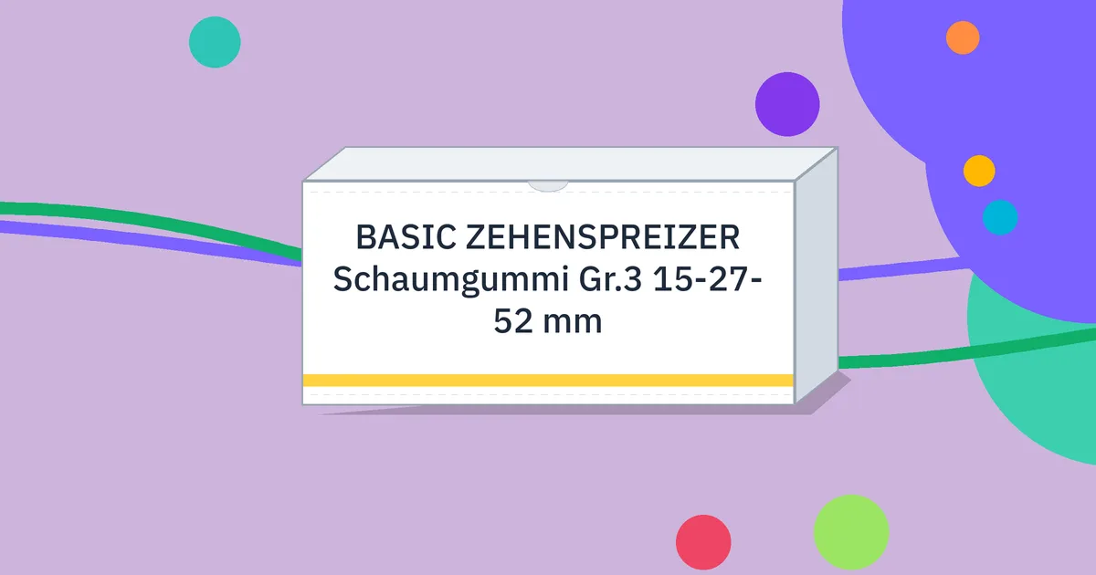 Symbolbild: Packung mit der Aufschrift BASIC ZEHENSPREIZER Schaumgummi Gr.3 15-27-52 mm (PZN 15380652) – Verfügbarkeit und Bezug in Apotheken in Frankfurt am Main