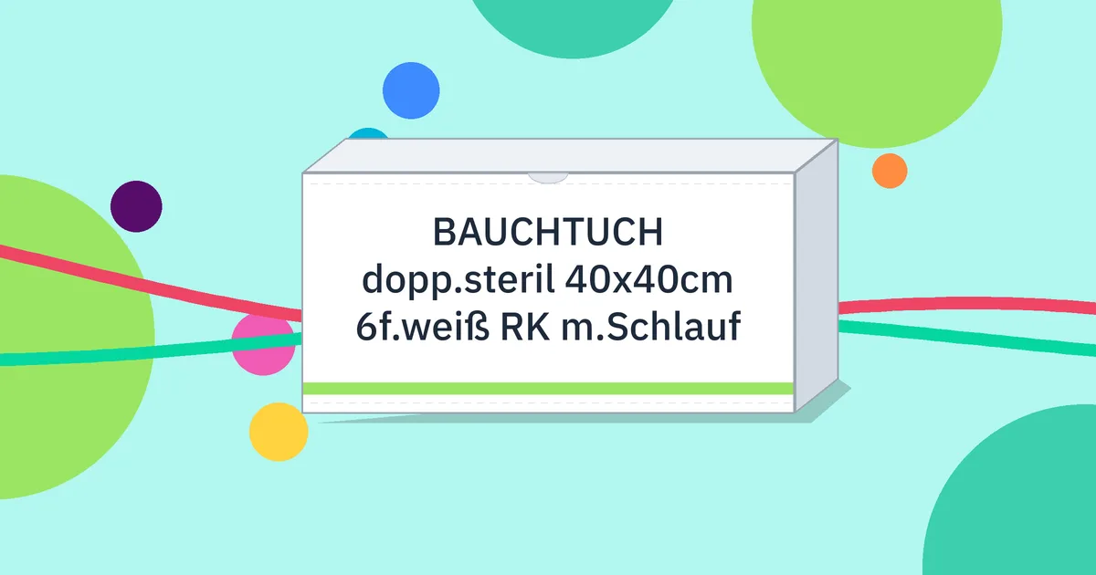 Symbolbild: Packung mit der Aufschrift BAUCHTUCH dopp.steril 40x40cm 6f.weiß RK m.Schlauf (PZN 13166216) – Verfügbarkeit und Bezug in Apotheken in Frankfurt am Main