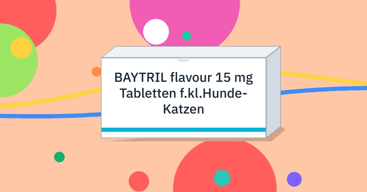 Symbolbild: Packung mit der Aufschrift BAYTRIL flavour 15 mg Tabletten f.kl.Hunde-Katzen (PZN 03352343) – Verfügbarkeit und Bezug in Apotheken in Frankfurt am Main