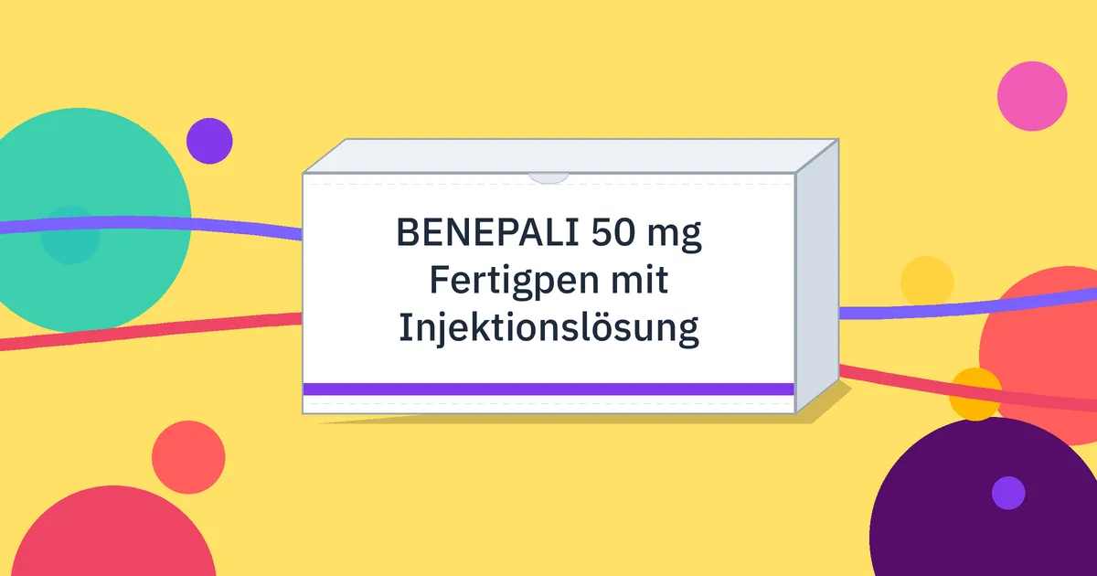 Symbolbild: Packung mit der Aufschrift BENEPALI 50 mg Fertigpen mit Injektionslösung (PZN 13577126) – Verfügbarkeit und Bezug in Apotheken in Frankfurt am Main