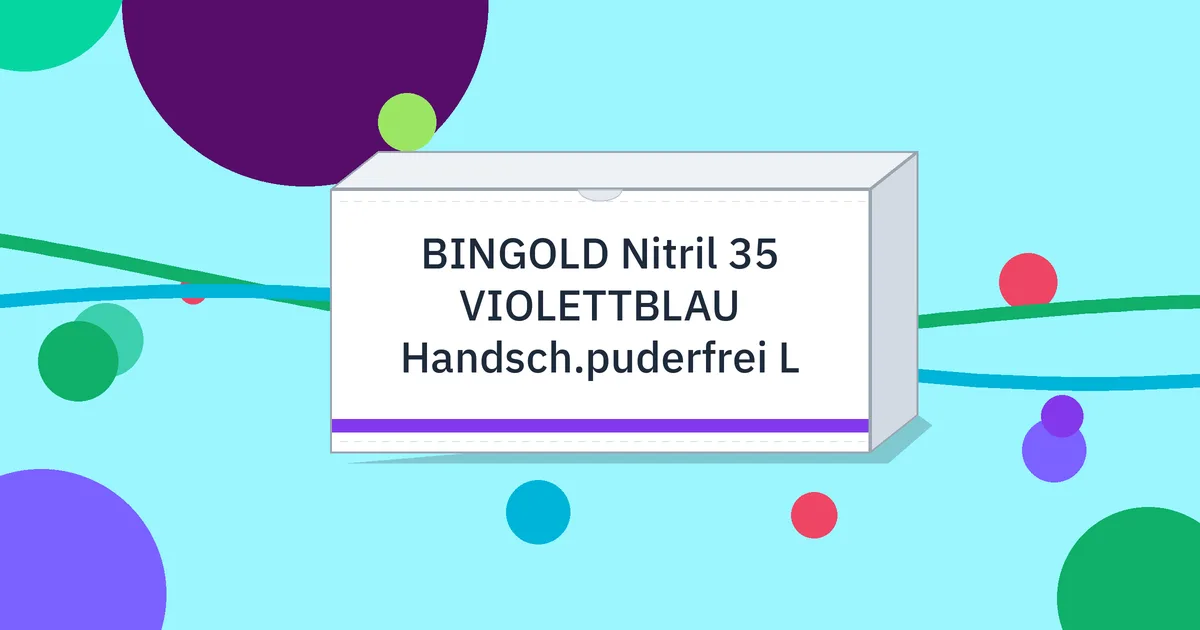 Symbolbild: Packung mit der Aufschrift BINGOLD Nitril 35 VIOLETTBLAU Handsch.puderfrei L (PZN 19095368) – Verfügbarkeit und Bezug in Apotheken in Frankfurt am Main