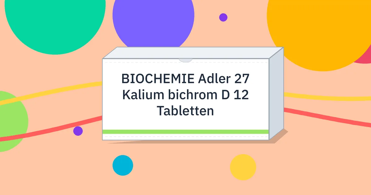 Symbolbild: Packung mit der Aufschrift BIOCHEMIE Adler 27 Kalium bichrom D 12 Tabletten (PZN 05455202) – Verfügbarkeit und Bezug in Apotheken in Frankfurt am Main