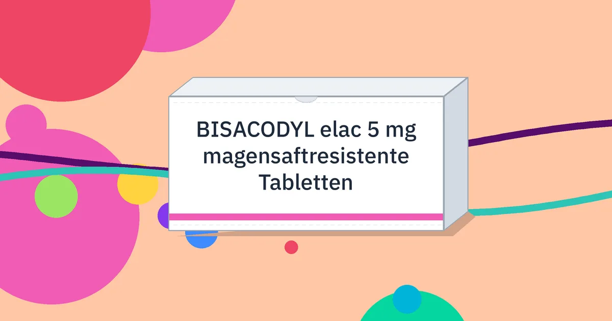 Symbolbild: Packung mit der Aufschrift BISACODYL elac 5 mg magensaftresistente Tabletten (PZN 19924988) – Verfügbarkeit und Bezug in Apotheken in Frankfurt am Main