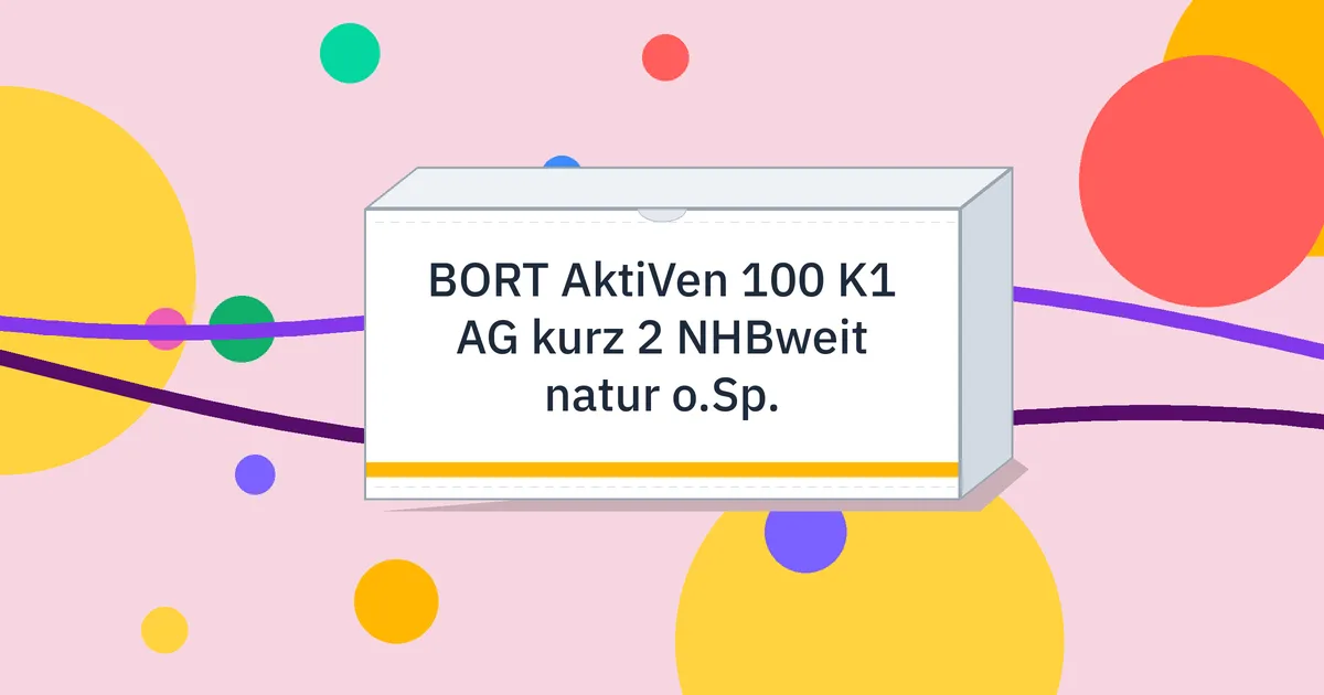 Symbolbild: Packung mit der Aufschrift BORT AktiVen 100 K1 AG kurz 2 NHBweit natur o.Sp. (PZN 13729613) – Verfügbarkeit und Bezug in Apotheken in Frankfurt am Main
