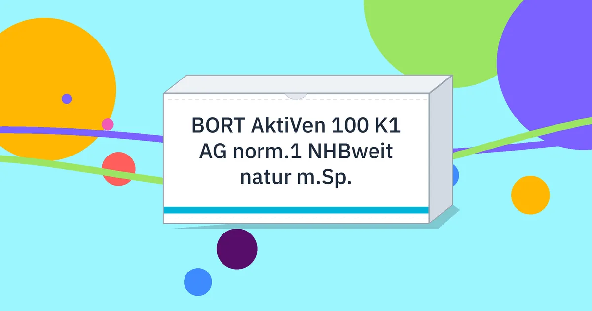 Symbolbild: Packung mit der Aufschrift BORT AktiVen 100 K1 AG norm.1 NHBweit natur m.Sp. (PZN 13729754) – Verfügbarkeit und Bezug in Apotheken in Frankfurt am Main