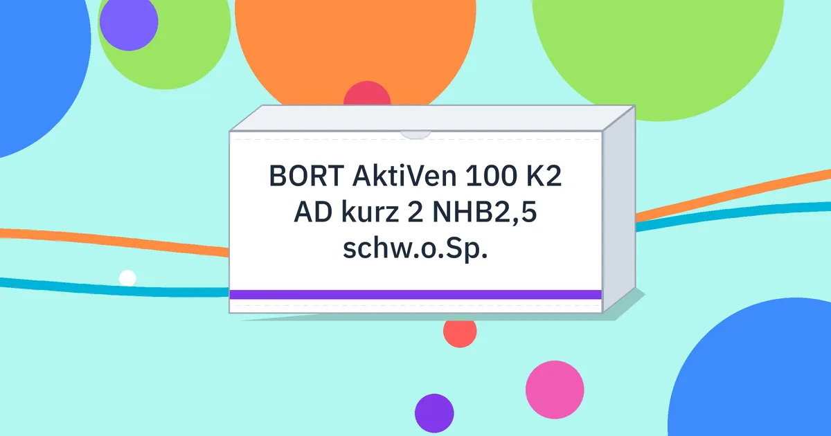 Symbolbild: Packung mit der Aufschrift BORT AktiVen 100 K2 AD kurz 2 NHB2,5 schw.o.Sp. (PZN 17501692) – Verfügbarkeit und Bezug in Apotheken in Frankfurt am Main