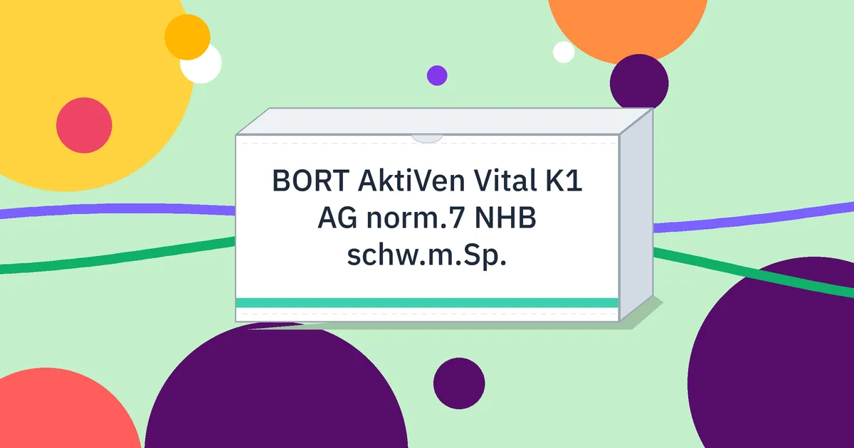 Symbolbild: Packung mit der Aufschrift BORT AktiVen Vital K1 AG norm.7 NHB schw.m.Sp. (PZN 13735915) – Verfügbarkeit und Bezug in Apotheken in Frankfurt am Main
