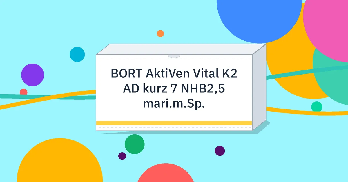 Symbolbild: Packung mit der Aufschrift BORT AktiVen Vital K2 AD kurz 7 NHB2,5 mari.m.Sp. (PZN 17499541) – Verfügbarkeit und Bezug in Apotheken in Frankfurt am Main