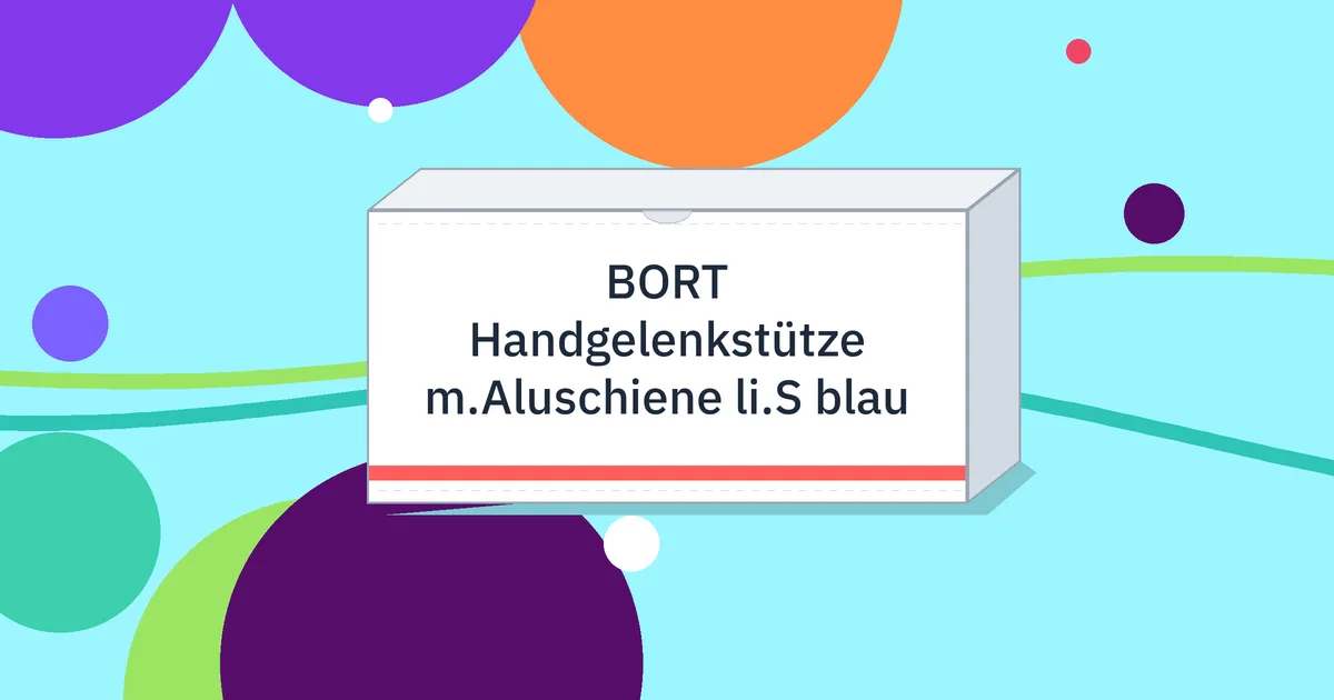 Symbolbild: Packung mit der Aufschrift BORT Handgelenkstütze m.Aluschiene li.S blau (PZN 00945373) – Verfügbarkeit und Bezug in Apotheken in Frankfurt am Main