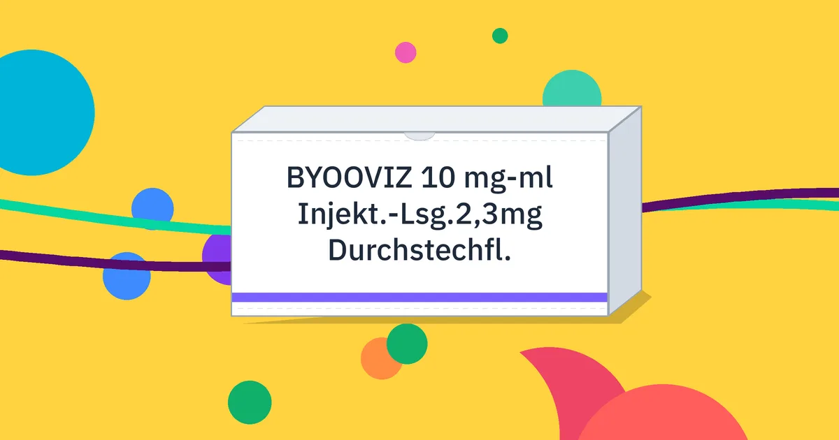 Symbolbild: Packung mit der Aufschrift BYOOVIZ 10 mg-ml Injekt.-Lsg.2,3mg Durchstechfl. (PZN 18271573) – Verfügbarkeit und Bezug in Apotheken in Frankfurt am Main
