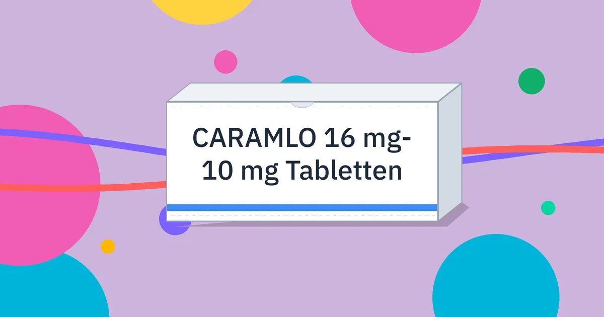 Symbolbild: Packung mit der Aufschrift CARAMLO 16 mg-10 mg Tabletten (PZN 15656284) – Verfügbarkeit und Bezug in Apotheken in Frankfurt am Main