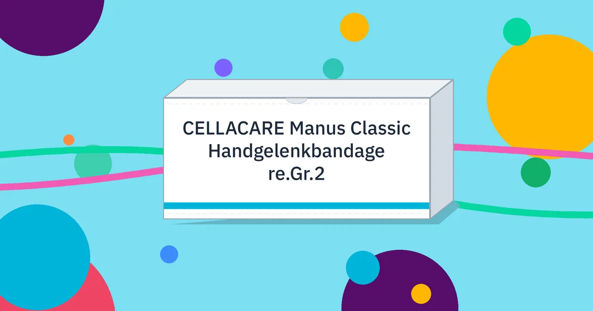 Symbolbild: Packung mit der Aufschrift CELLACARE Manus Classic Handgelenkbandage re.Gr.2 (PZN 12647735) – Verfügbarkeit und Bezug in Apotheken in Frankfurt am Main