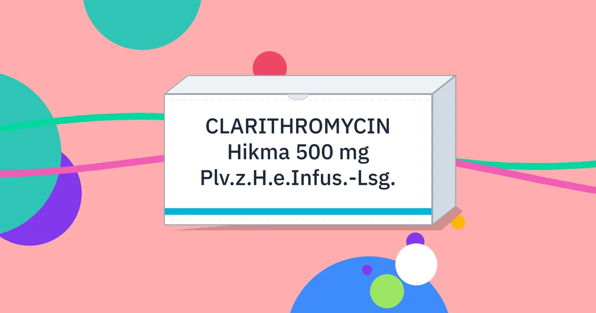 Symbolbild: Packung mit der Aufschrift CLARITHROMYCIN Hikma 500 mg Plv.z.H.e.Infus.-Lsg. (PZN 00274097) – Verfügbarkeit und Bezug in Apotheken in Frankfurt am Main