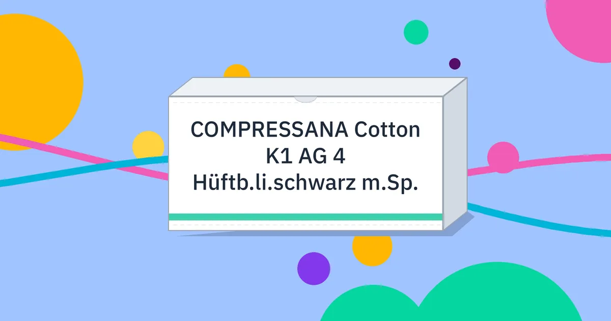 Symbolbild: Packung mit der Aufschrift COMPRESSANA Cotton K1 AG 4 Hüftb.li.schwarz m.Sp. (PZN 12980564) – Verfügbarkeit und Bezug in Apotheken in Frankfurt am Main