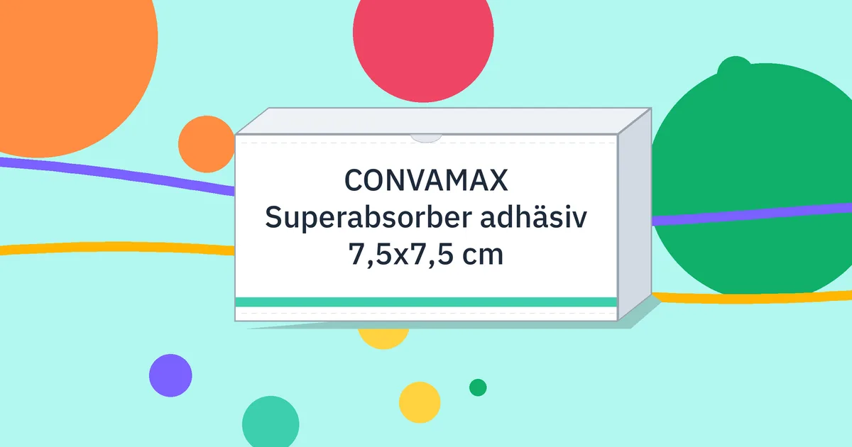 Symbolbild: Packung mit der Aufschrift CONVAMAX Superabsorber adhäsiv 7,5x7,5 cm (PZN 19295825) – Verfügbarkeit und Bezug in Apotheken in Frankfurt am Main