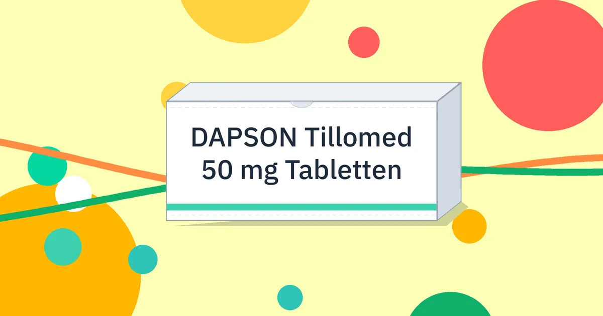 Symbolbild: Packung mit der Aufschrift DAPSON Tillomed 50 mg Tabletten (PZN 14341259) – Verfügbarkeit und Bezug in Apotheken in Frankfurt am Main