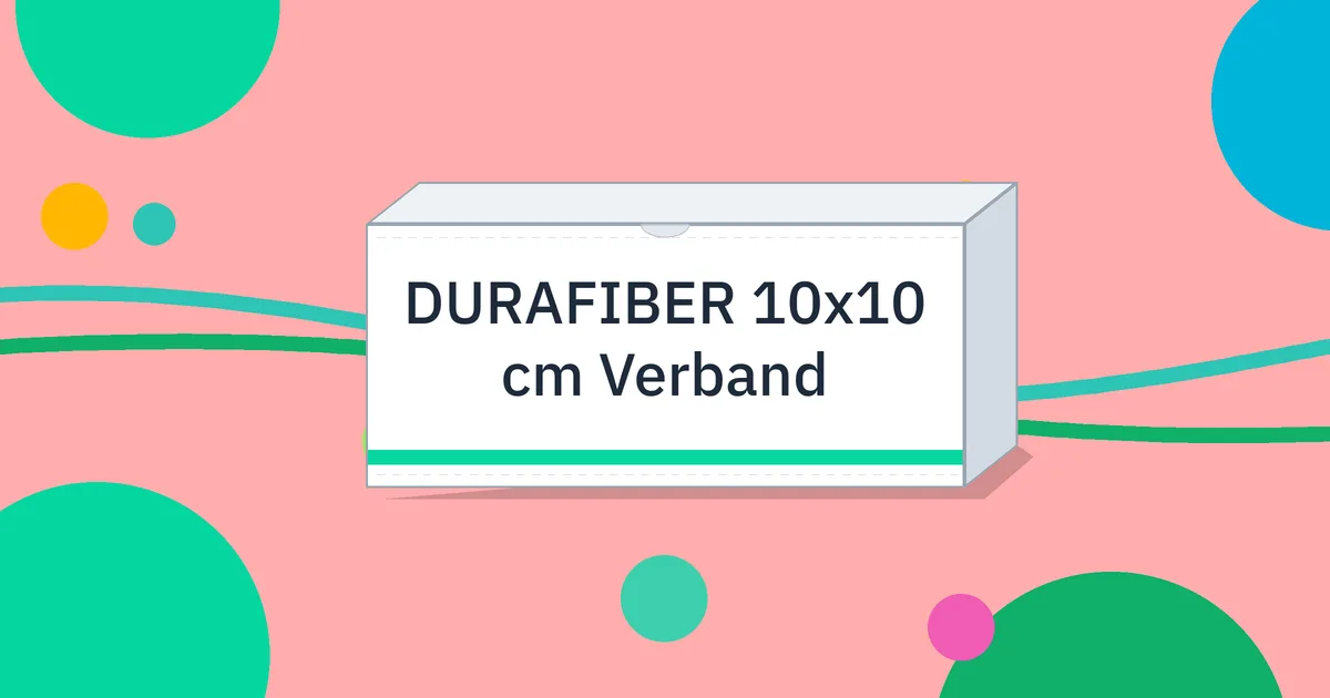 Symbolbild: Packung mit der Aufschrift DURAFIBER 10x10 cm Verband (PZN 13901064) – Verfügbarkeit und Bezug in Apotheken in Frankfurt am Main