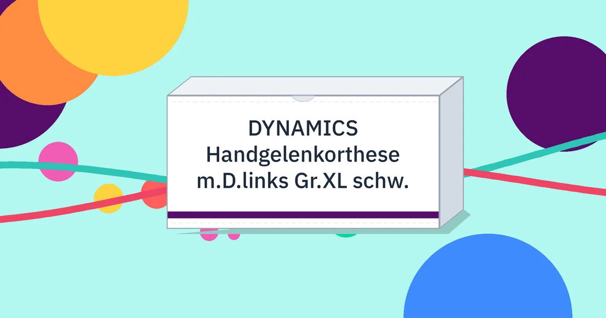 Symbolbild: Packung mit der Aufschrift DYNAMICS Handgelenkorthese m.D.links Gr.XL schw. (PZN 10633232) – Verfügbarkeit und Bezug in Apotheken in Frankfurt am Main