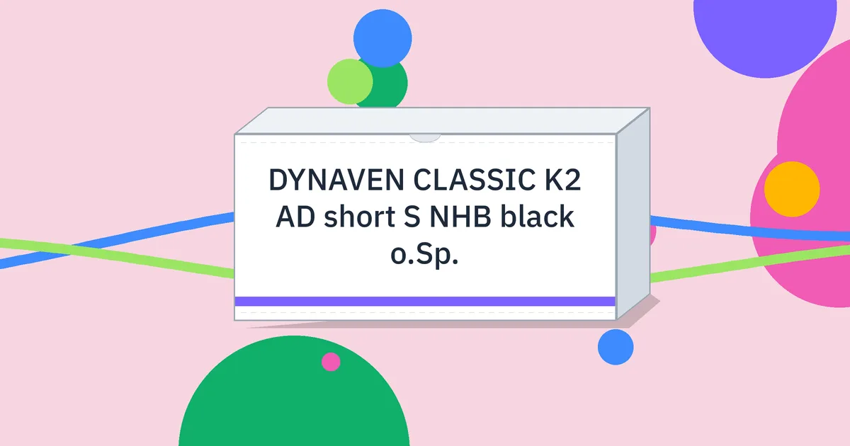 Symbolbild: Packung mit der Aufschrift DYNAVEN CLASSIC K2 AD short S NHB black o.Sp. (PZN 18417350) – Verfügbarkeit und Bezug in Apotheken in Frankfurt am Main