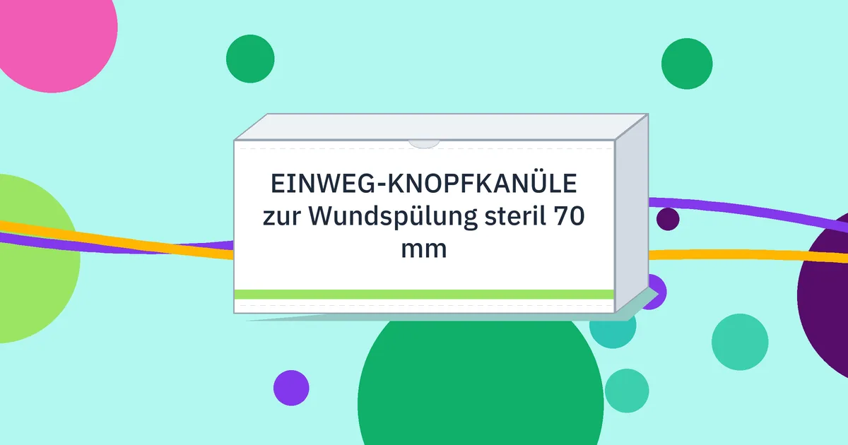 Symbolbild: Packung mit der Aufschrift EINWEG-KNOPFKANÜLE zur Wundspülung steril 70 mm (PZN 16956947) – Verfügbarkeit und Bezug in Apotheken in Frankfurt am Main