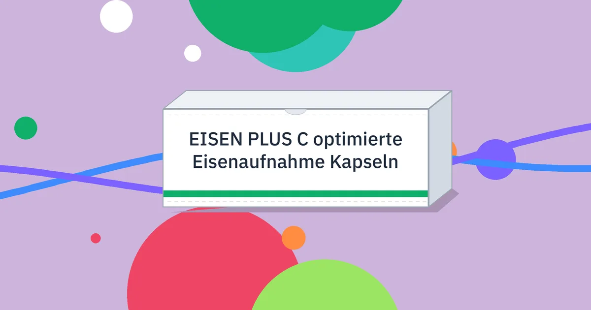 Symbolbild: Packung mit der Aufschrift EISEN PLUS C optimierte Eisenaufnahme Kapseln (PZN 19408034) – Verfügbarkeit und Bezug in Apotheken in Frankfurt am Main