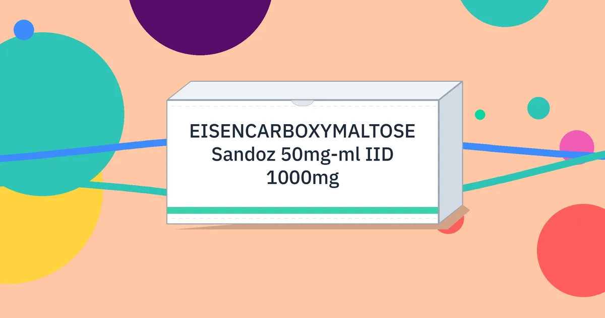 Symbolbild: Packung mit der Aufschrift EISENCARBOXYMALTOSE Sandoz 50mg-ml IID 1000mg (PZN 20003578) – Verfügbarkeit und Bezug in Apotheken in Frankfurt am Main