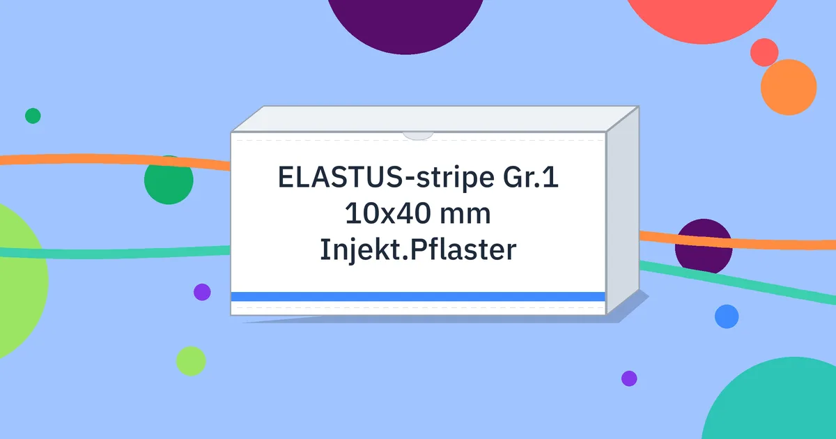 Symbolbild: Packung mit der Aufschrift ELASTUS-stripe Gr.1 10x40 mm Injekt.Pflaster (PZN 09193207) – Verfügbarkeit und Bezug in Apotheken in Frankfurt am Main