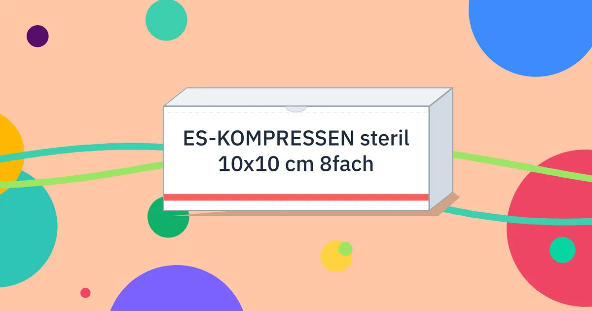 Symbolbild: Packung mit der Aufschrift ES-KOMPRESSEN steril 10x10 cm 8fach (PZN 18375870) – Verfügbarkeit und Bezug in Apotheken in Frankfurt am Main