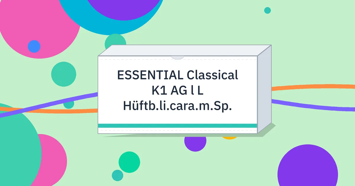Symbolbild: Packung mit der Aufschrift ESSENTIAL Classical K1 AG l L Hüftb.li.cara.m.Sp. (PZN 17011574) – Verfügbarkeit und Bezug in Apotheken in Frankfurt am Main
