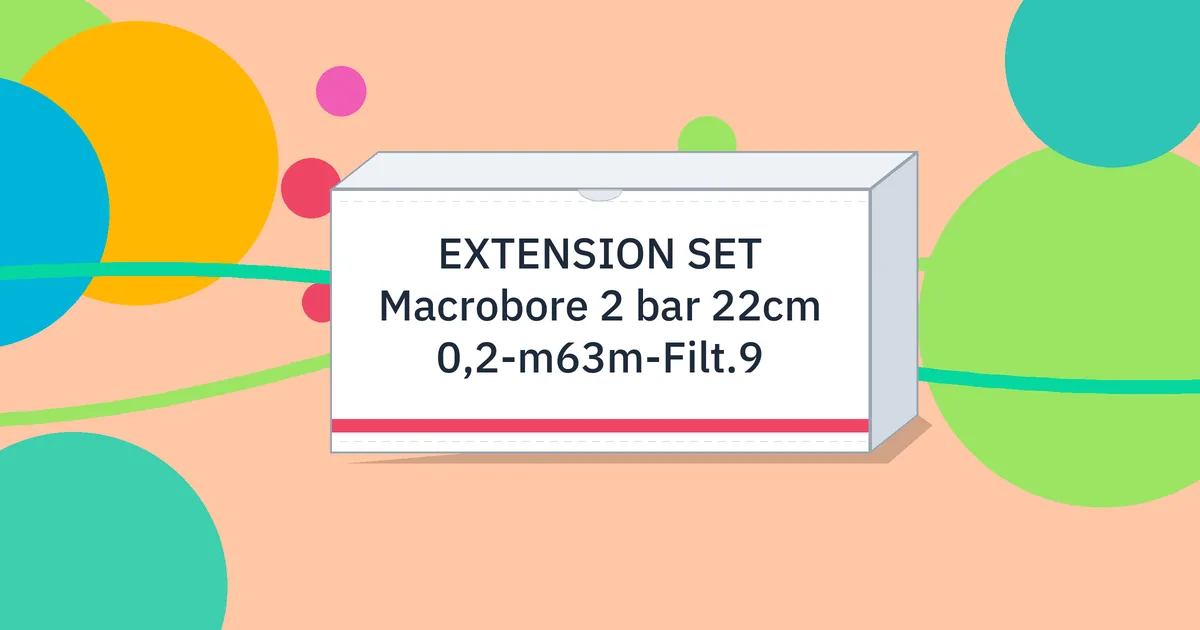 Symbolbild: Packung mit der Aufschrift EXTENSION SET Macrobore 2 bar 22cm 0,2-m63m-Filt.9 (PZN 19858808) – Verfügbarkeit und Bezug in Apotheken in Frankfurt am Main