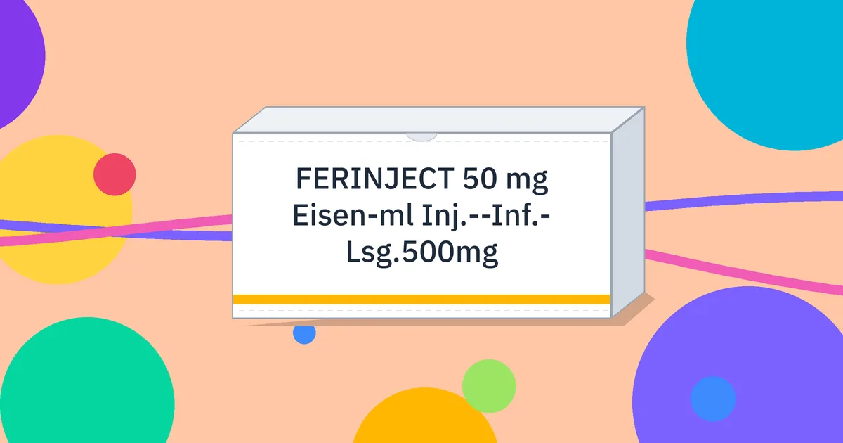 Symbolbild: Packung mit der Aufschrift FERINJECT 50 mg Eisen-ml Inj.--Inf.-Lsg.500mg (PZN 08805803) – Verfügbarkeit und Bezug in Apotheken in Frankfurt am Main