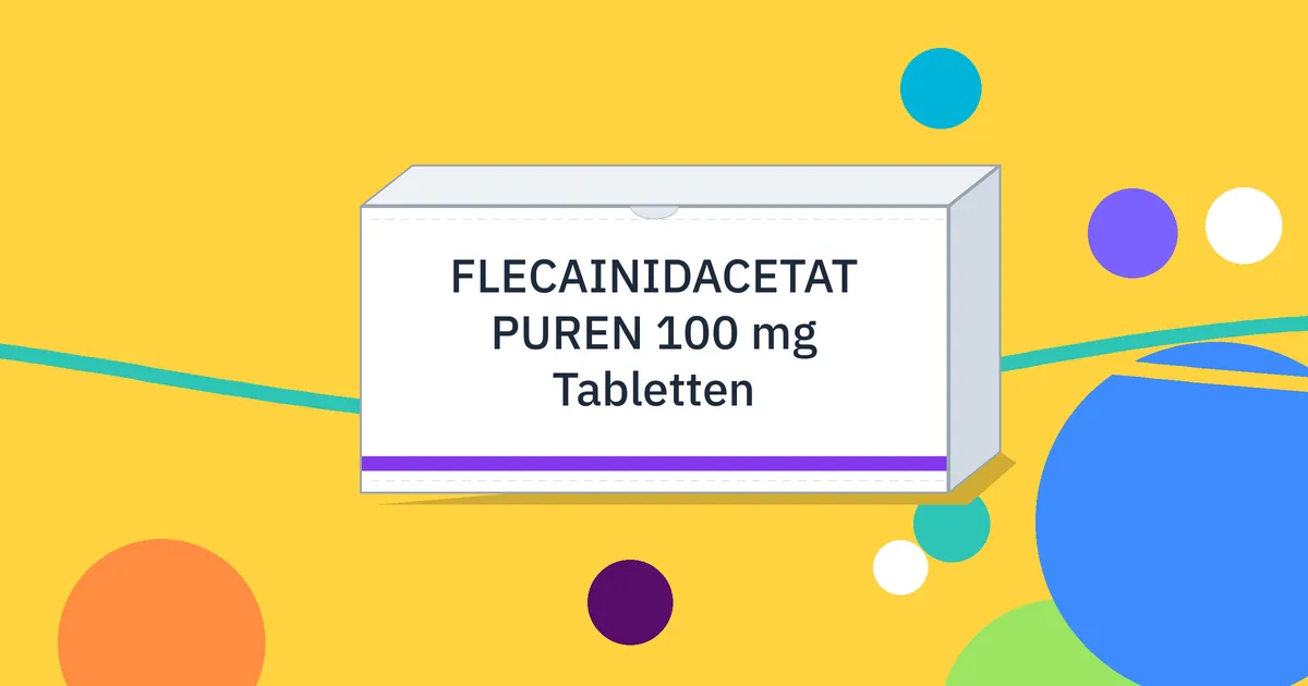 Symbolbild: Packung mit der Aufschrift FLECAINIDACETAT PUREN 100 mg Tabletten (PZN 13249994) – Verfügbarkeit und Bezug in Apotheken in Frankfurt am Main