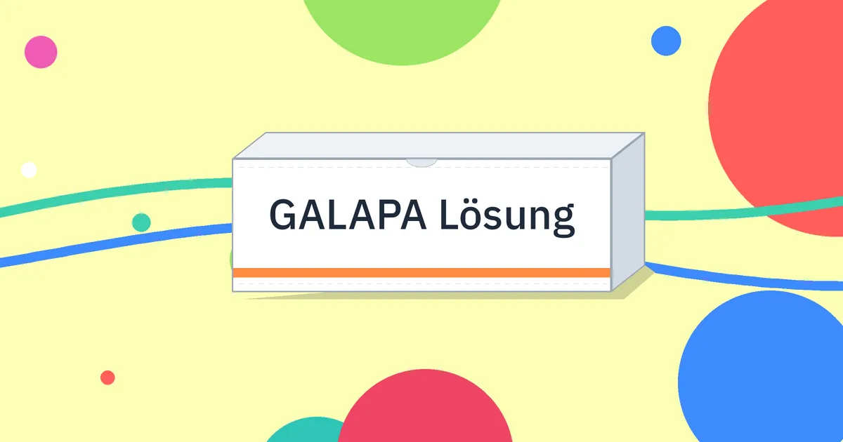 Symbolbild: Packung mit der Aufschrift GALAPA Lösung (PZN 04891415) – Verfügbarkeit und Bezug in Apotheken in Frankfurt am Main