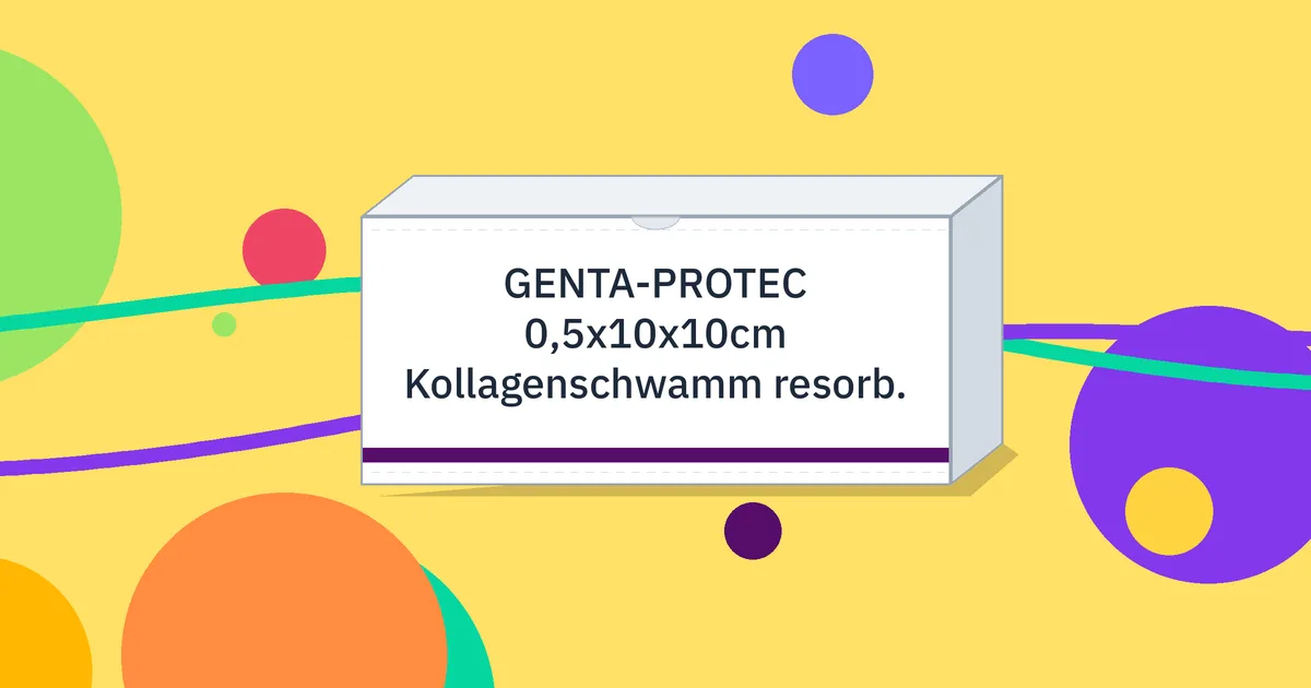 Symbolbild: Packung mit der Aufschrift GENTA-PROTEC 0,5x10x10cm Kollagenschwamm resorb. (PZN 18293327) – Verfügbarkeit und Bezug in Apotheken in Frankfurt am Main