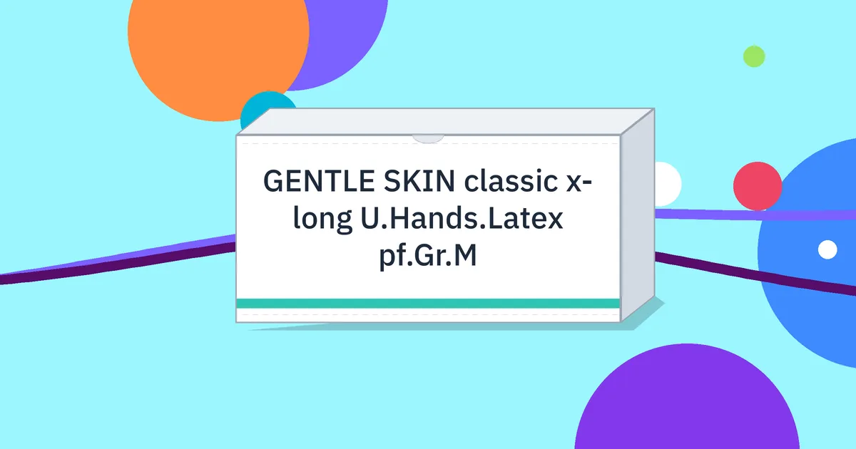 Symbolbild: Packung mit der Aufschrift GENTLE SKIN classic x-long U.Hands.Latex pf.Gr.M (PZN 11349935) – Verfügbarkeit und Bezug in Apotheken in Frankfurt am Main
