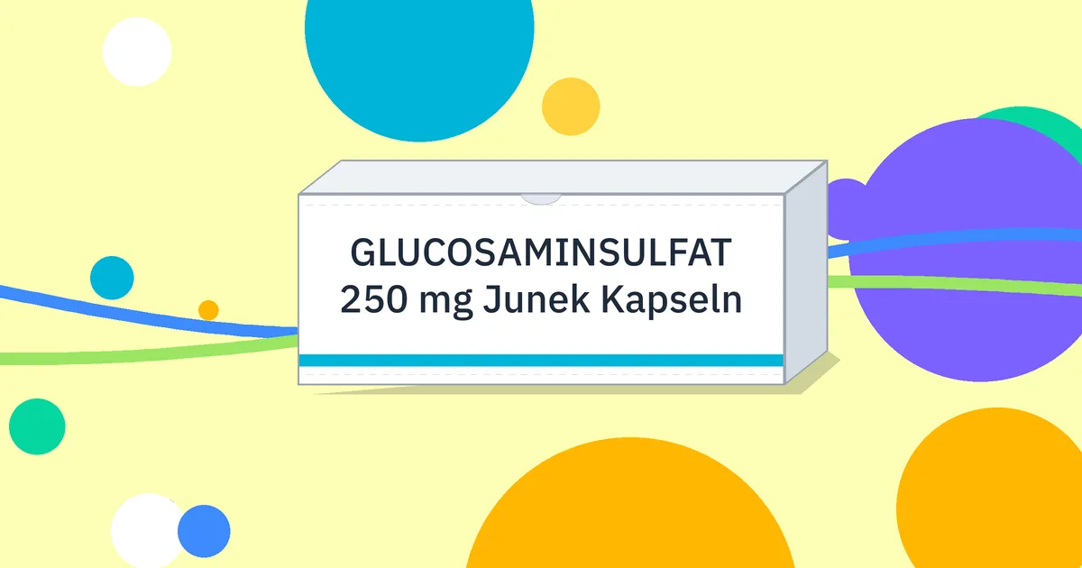 Symbolbild: Packung mit der Aufschrift GLUCOSAMINSULFAT 250 mg Junek Kapseln (PZN 01030380) – Verfügbarkeit und Bezug in Apotheken in Frankfurt am Main