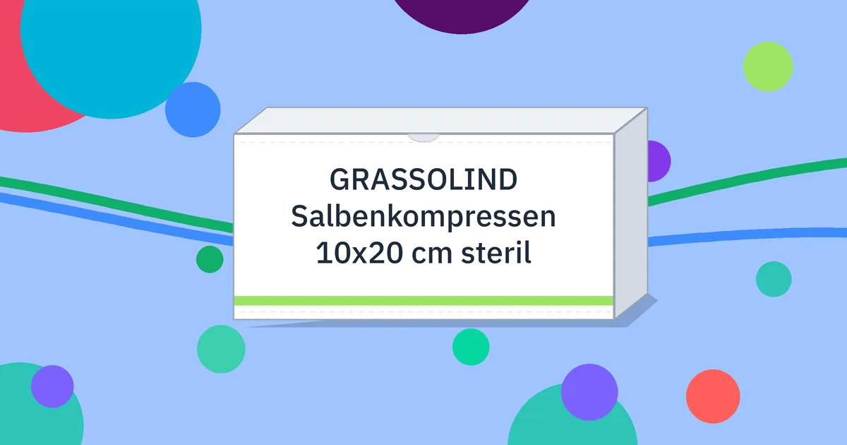 Symbolbild: Packung mit der Aufschrift GRASSOLIND Salbenkompressen 10x20 cm steril (PZN 18032779) – Verfügbarkeit und Bezug in Apotheken in Frankfurt am Main