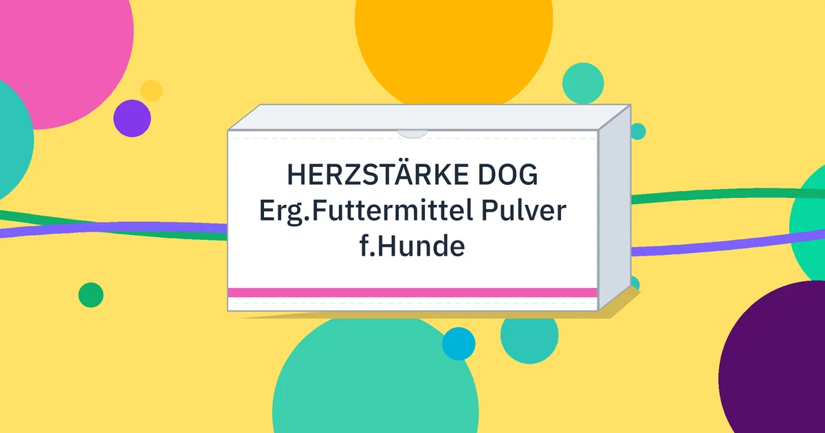 Symbolbild: Packung mit der Aufschrift HERZSTÄRKE DOG Erg.Futtermittel Pulver f.Hunde (PZN 18783942) – Verfügbarkeit und Bezug in Apotheken in Frankfurt am Main
