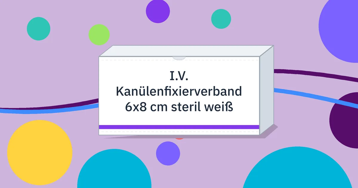 Symbolbild: Packung mit der Aufschrift I.V. Kanülenfixierverband 6x8 cm steril weiß (PZN 17559421) – Verfügbarkeit und Bezug in Apotheken in Frankfurt am Main