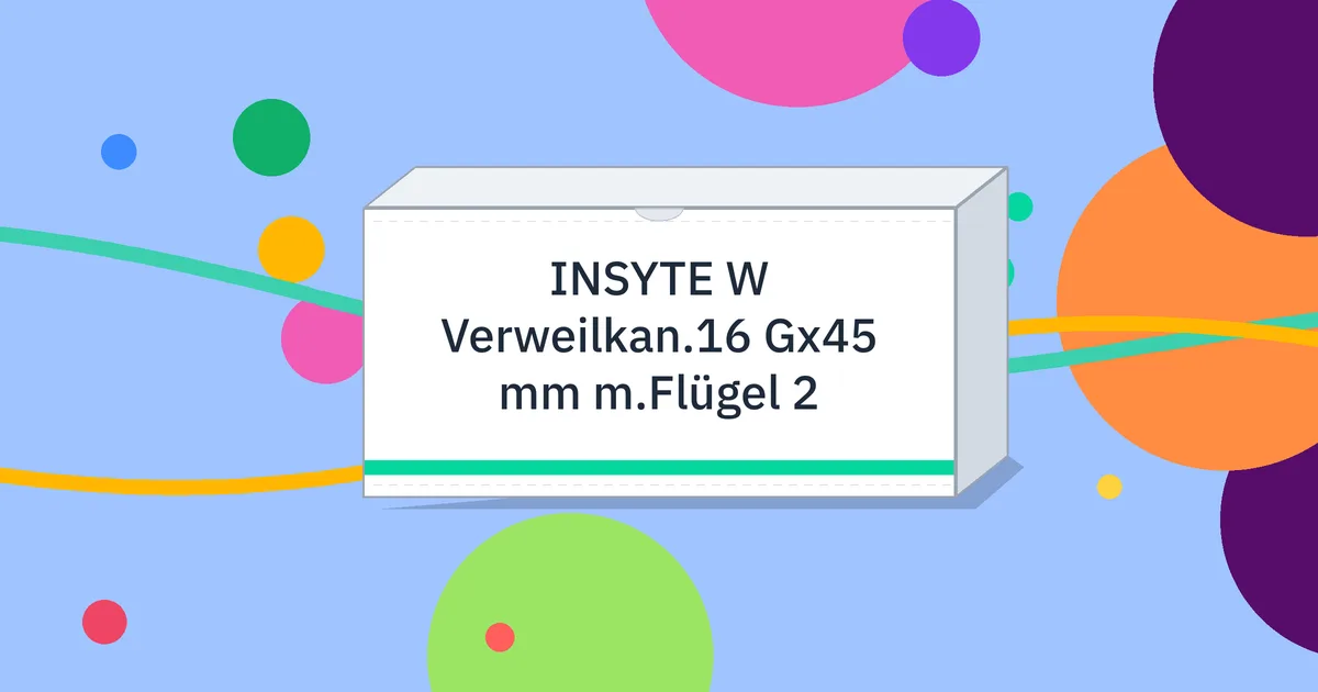 Symbolbild: Packung mit der Aufschrift INSYTE W Verweilkan.16 Gx45 mm m.Flügel 2 (PZN 13871127) – Verfügbarkeit und Bezug in Apotheken in Frankfurt am Main