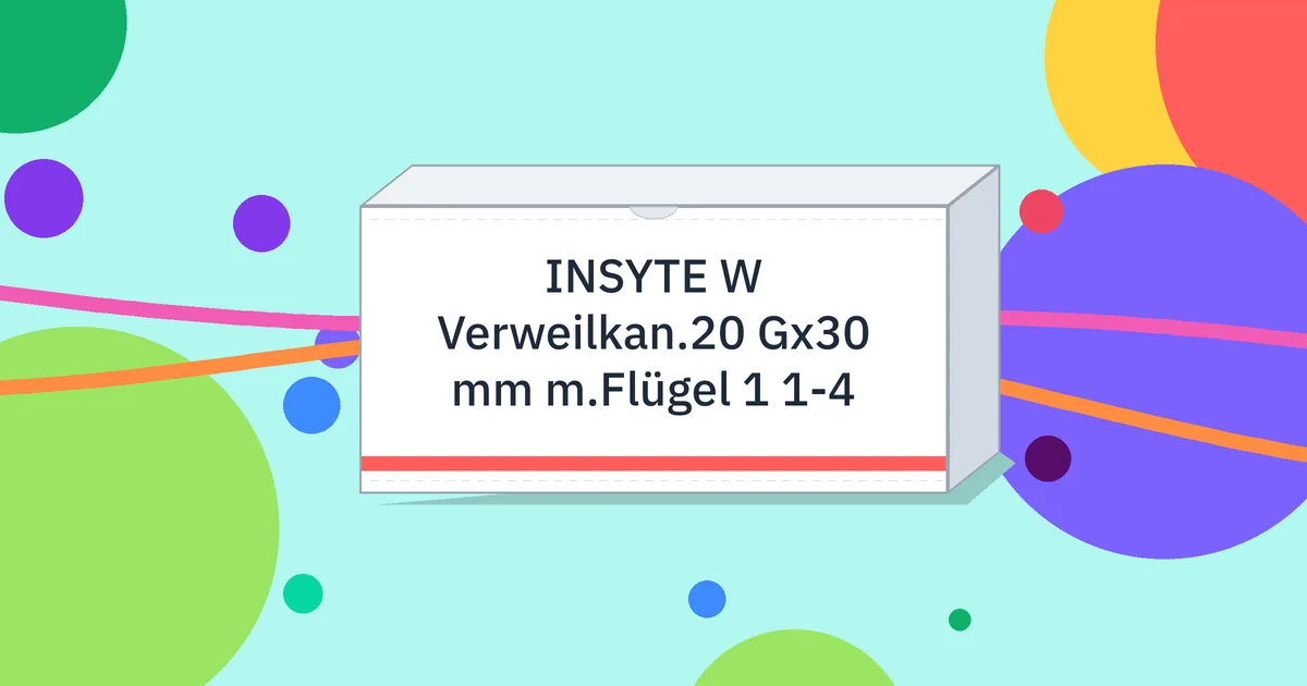 Symbolbild: Packung mit der Aufschrift INSYTE W Verweilkan.20 Gx30 mm m.Flügel 1 1-4 (PZN 13871251) – Verfügbarkeit und Bezug in Apotheken in Frankfurt am Main