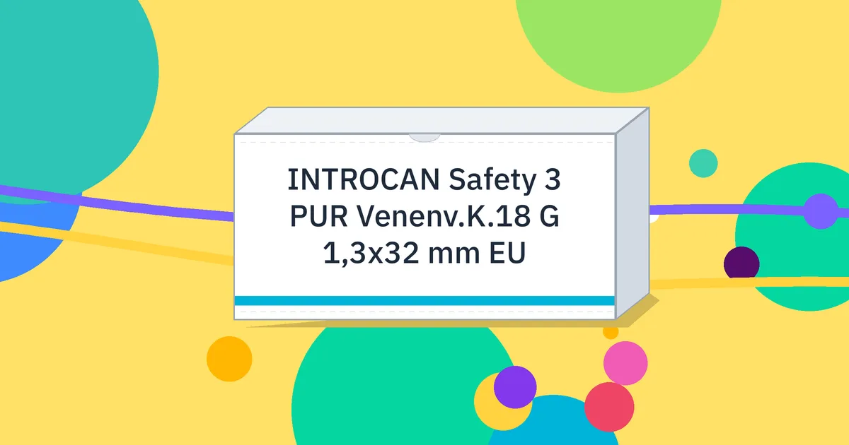 Symbolbild: Packung mit der Aufschrift INTROCAN Safety 3 PUR Venenv.K.18 G 1,3x32 mm EU (PZN 20345072) – Verfügbarkeit und Bezug in Apotheken in Frankfurt am Main