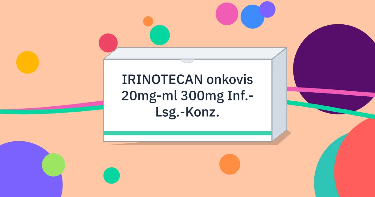 Symbolbild: Packung mit der Aufschrift IRINOTECAN onkovis 20mg-ml 300mg Inf.-Lsg.-Konz. (PZN 05387937) – Verfügbarkeit und Bezug in Apotheken in Frankfurt am Main