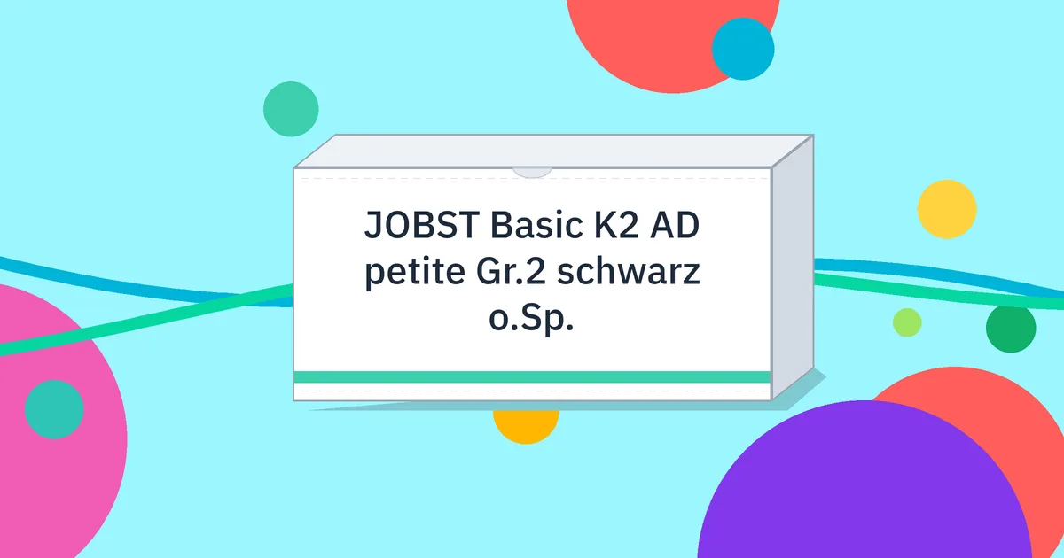 Symbolbild: Packung mit der Aufschrift JOBST Basic K2 AD petite Gr.2 schwarz o.Sp. (PZN 15310976) – Verfügbarkeit und Bezug in Apotheken in Frankfurt am Main