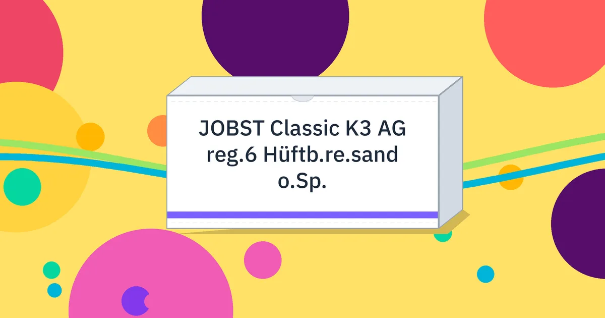 Symbolbild: Packung mit der Aufschrift JOBST Classic K3 AG reg.6 Hüftb.re.sand o.Sp. (PZN 13076565) – Verfügbarkeit und Bezug in Apotheken in Frankfurt am Main