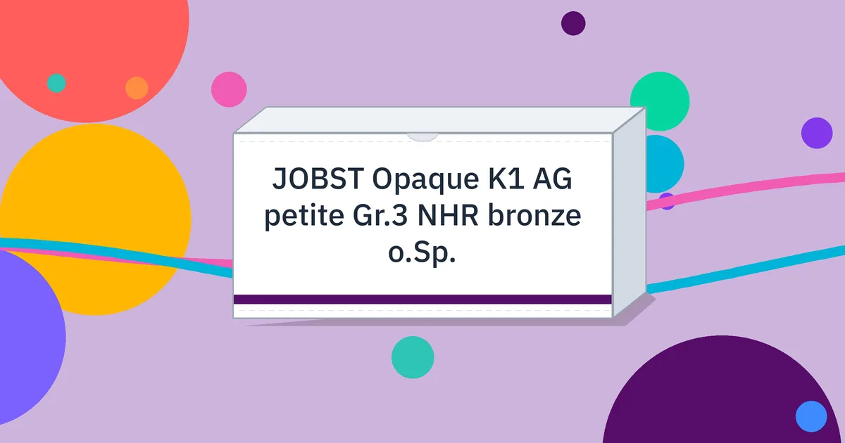 Symbolbild: Packung mit der Aufschrift JOBST Opaque K1 AG petite Gr.3 NHR bronze o.Sp. (PZN 13087988) – Verfügbarkeit und Bezug in Apotheken in Frankfurt am Main