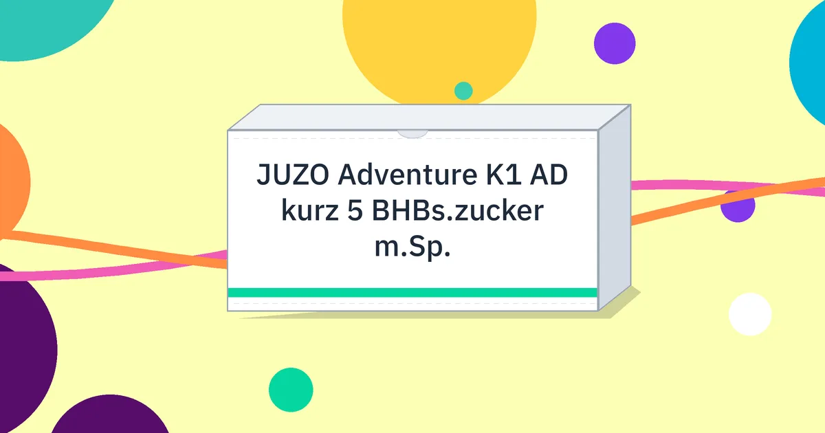 Symbolbild: Packung mit der Aufschrift JUZO Adventure K1 AD kurz 5 BHBs.zucker m.Sp. (PZN 16343038) – Verfügbarkeit und Bezug in Apotheken in Frankfurt am Main