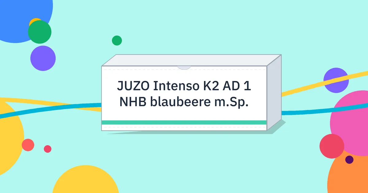 Symbolbild: Packung mit der Aufschrift JUZO Intenso K2 AD 1 NHB blaubeere m.Sp. (PZN 18609836) – Verfügbarkeit und Bezug in Apotheken in Frankfurt am Main