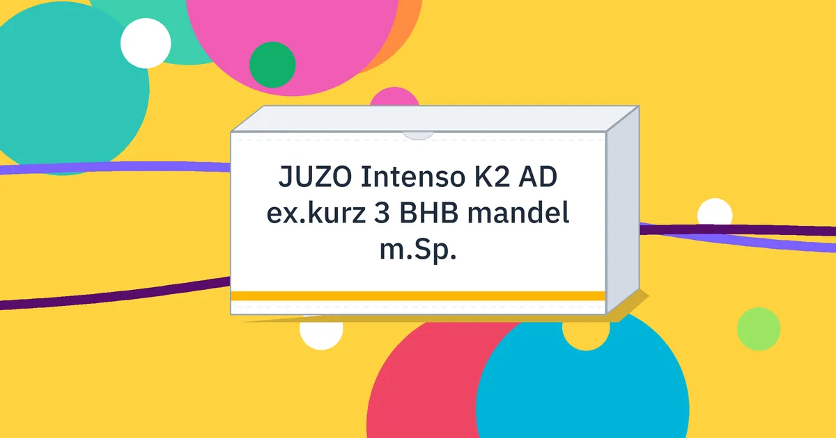 Symbolbild: Packung mit der Aufschrift JUZO Intenso K2 AD ex.kurz 3 BHB mandel m.Sp. (PZN 18615245) – Verfügbarkeit und Bezug in Apotheken in Frankfurt am Main